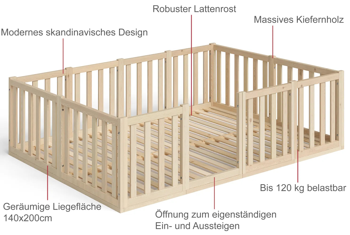 Tapi Bodenbett 140x200 cm mit extra hohem Gitter, natur lackiert, Kief ...